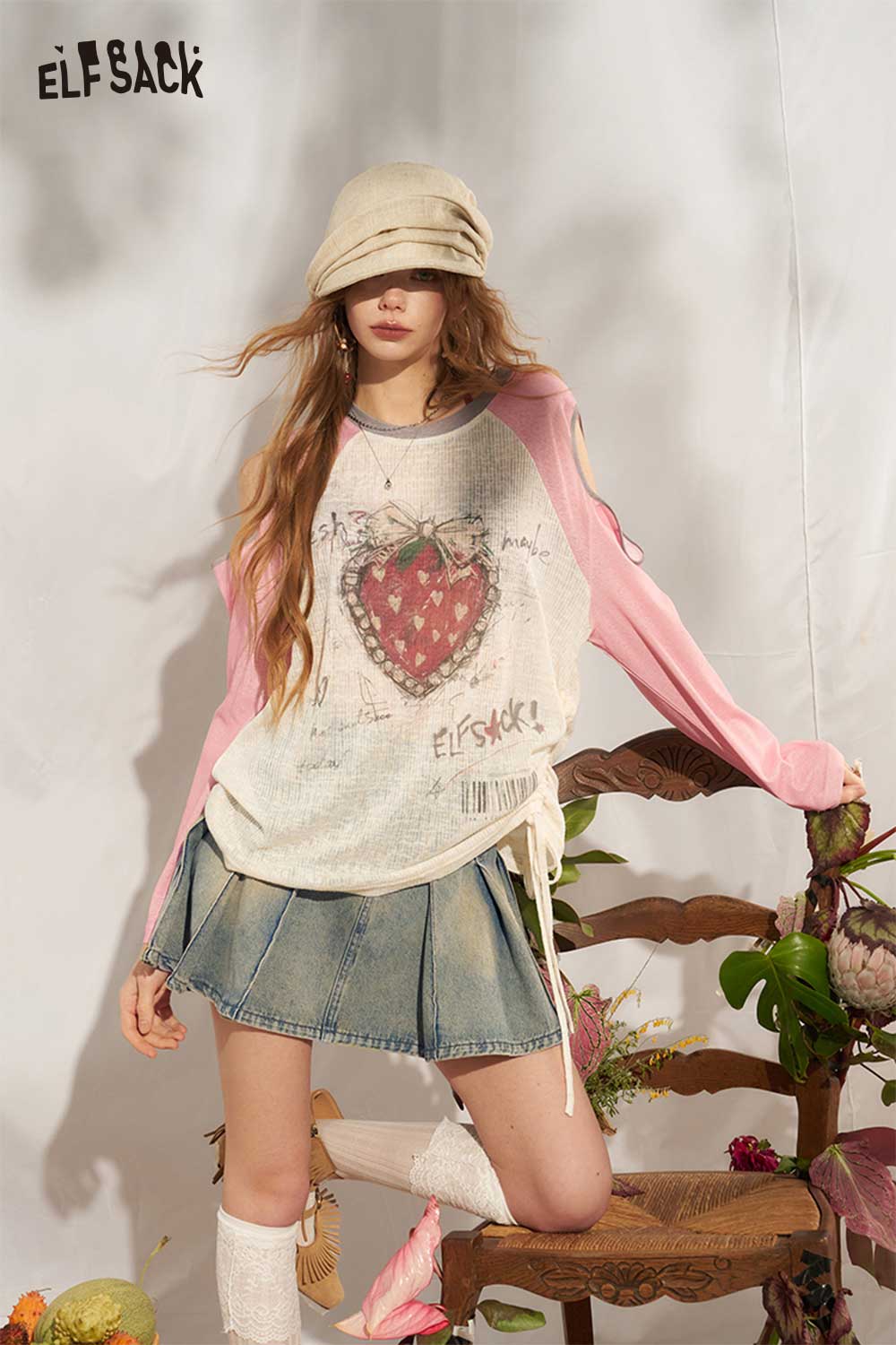 Strawberry Cutout Drawstring Punk Top for Playful Style | ELFSACK