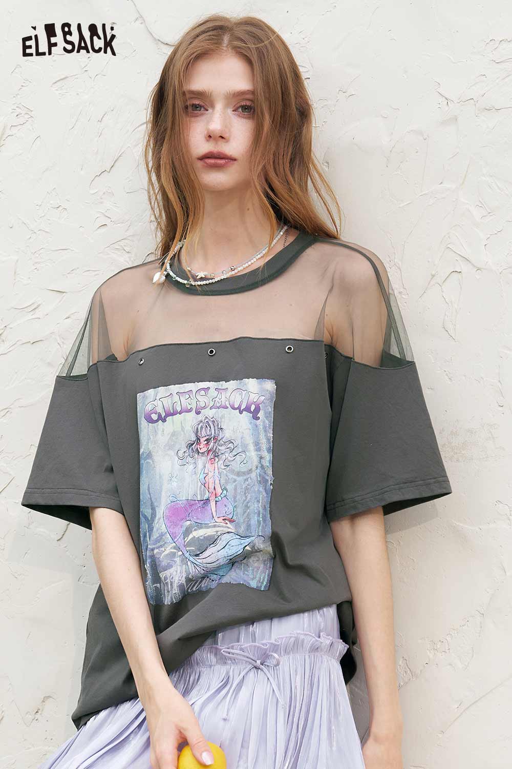 Y2K Mesh Patchwork Mermaid Print Tee | ELFSACK